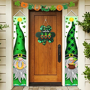 St Patricks Day Decorations Outdoor, 3 Pack Green Gnomes Welcome Banners Porch Signs with Glitter Garland Banner, Irish Shamrock Saint Patrick's Day Décor for The Home Party Door Tree Classroom Office