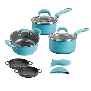 The Pioneer Woman Vintage Speckle 24-Piece Cookware Combo Set in Turquoise bundle with Copper Charm Stainless Steel Copper Bottom Cookware Set, 10 Piece