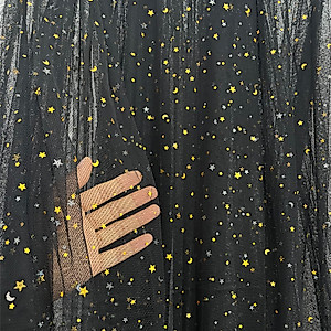 Black Glitter Tulle Fabric Rolls 63 inch by 5 Yards Gold Star Moon Sequin Tulle Netting Fabric for Tutu Skirt Sewing DIY Crafts Wedding Birthday Baby Shower