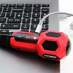 HYBRO Rechargeable Cordless 3.6V Screwdriver Set, Electric and Manual Battery Powered Professional and Home Improvement Tool - Max 10N.m Torque, 4pcs Magnetic Bits, USB Charge, LED Light - H300Q (Red)