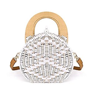 QTKJ Hand-Woven Round Rattan Wooden Handle Tote Bag Summer Beach Straw Crossbody Bag Shoulder Bag with Adjustable Leather Shoulder Strap (White)