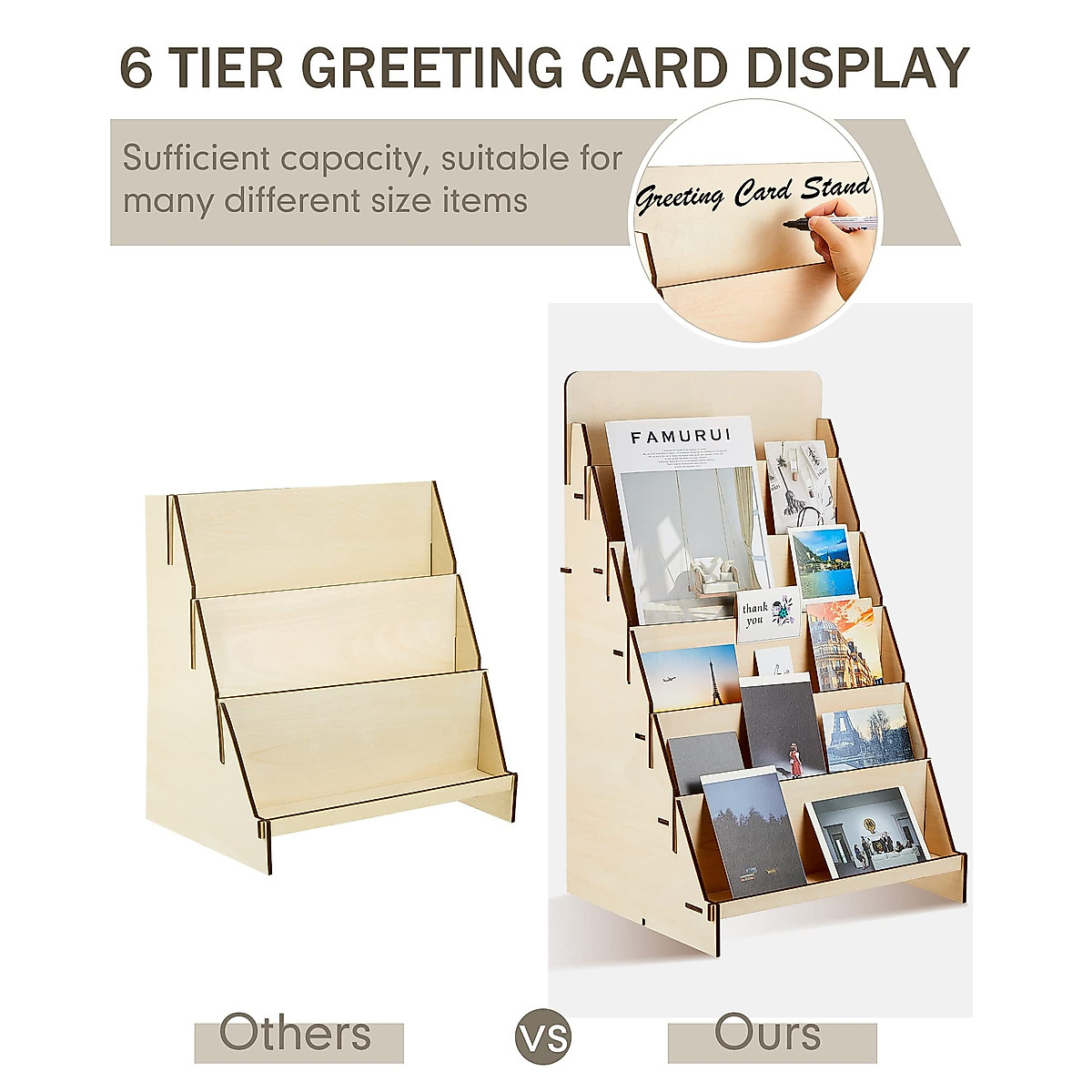 Wooden Greeting Card Display 6 Tier Sticker Display Stand Comic Book Display Wooden Portable Retail Table Display Stand Retail Counter Display Stand for Card Stickers Jewelry Soap Retail Showcase