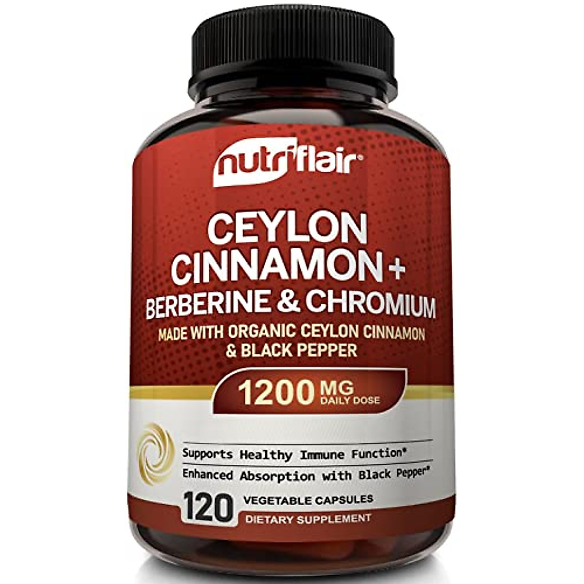 NutriFlair Ceylon Cinnamon, Berberine HCL, Chromium, Black Pepper Extract (Made with True Ceylon Cinnamon) - 1200mg per Serving, 120 Capsules - Lipid Levels, Antioxidant