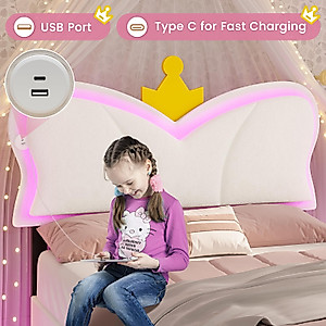 VIAGDO Twin Bed Frames with LED Lights and Storage Drawer, Upholstered Bed Frame Twin Size with Height Adjustable Crown Headboard, Type C and USB Charging Ports, No Box Spring Needed, White