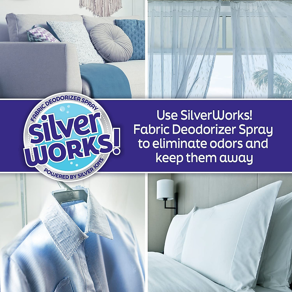 SilverWorks! Fabric Spray Odor Eliminator For Home - Silver Ion Room Deodorizer Strong Natural Furniture Couch Deodorizer, Remove Smells for Car, Pets, Clothes, Carpet, -16.9oz