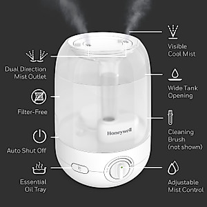 Honeywell Ultra Comfort Cool Mist Humidifier, White Cool Mist Humidifier for Bedroom, Room or Office. Easy to use, ultra-quiet operation for kids or baby humidifier, HUL545W