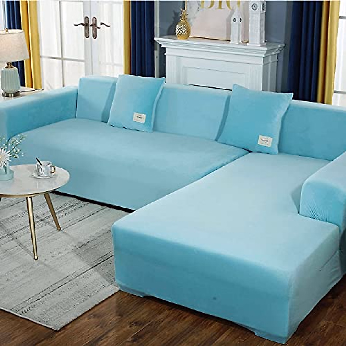 TVPFM Velvet Stretch Sectional Couch Covers, 2 Pieces L Shaped Sofa Cover with 2 Pillowcases Super Soft Universal Sofa Cover for Living Room Pets-Light Blue-4 Seater+4 Seater
