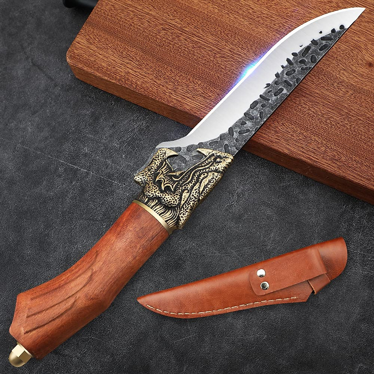 Veisky Chef Knife with Ergonomic Handle High Carbon Stainless Steel Professional Kitchen Cooking Knife with Sheath Meat Cleaver Chopping Knife for Home Outdoor and Camping (7.01 inch)