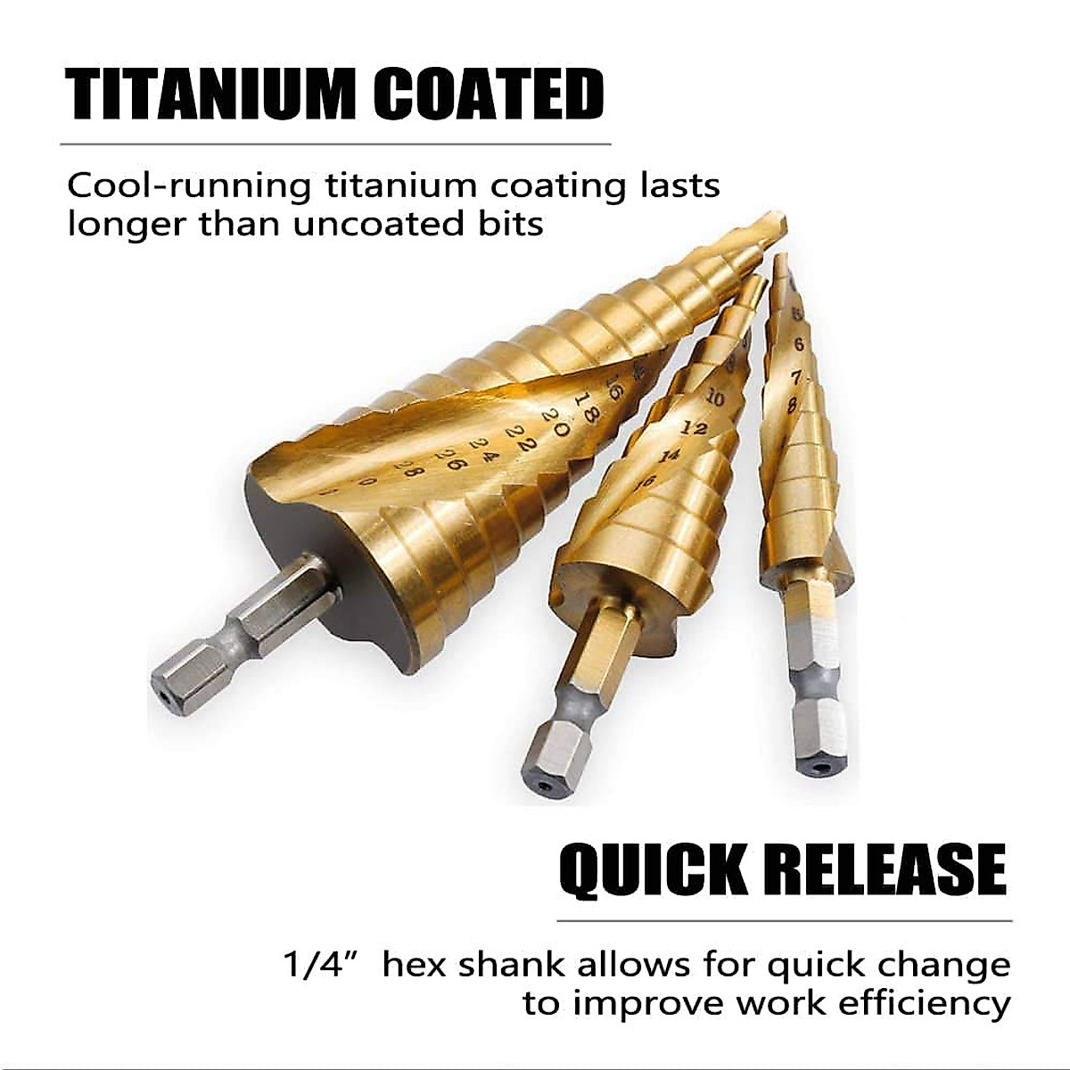 Hymnorq Metric Titanium Coated HSS Spiral Groove Step Drill Bit Set of 3pcs 4-12/4-20/4-32mm with 1/4" Hex Shank Packed in Reusable Case for Cutting Holes in Iron Plate Aluminum Plate, etc.