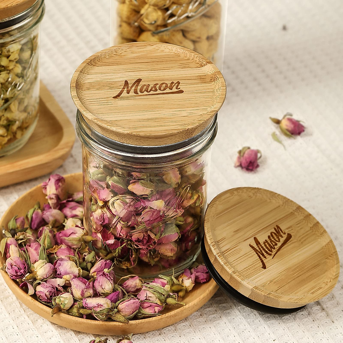 8 Pack Bamboo Mason Jar Lids Wide Mouth, CROWN Shaped Natural Wooden Storage Lids w Silicone Seal - Mason Jar Tops for Ball, Kerr Canning Jars - Kitchen, Pantry Dry Goods Storage - Airtight & BPA Free