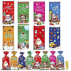gustach Christmas Treat Bags, 160 PCS 8 Styles Christmas Candy Bags, Christmas Cookie Bags, Christmas Cellophane Treat Bags