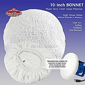 Detail Direct 10'' Polishing Bonnet, Cotton Terry Cloth for Orbital Polishers, Apply or Remove Car Wax or Polish (2 Pack), White
