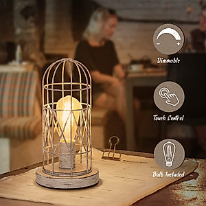 Small Table Lamp, Touch Control Table Lamp with Brushed White Oak Cage, Farmhouse Bedside Lamp 3-Way Dimmable Nightstand Lamp Edison Lamp for Bedroom, Living Room, Hallway, Kitchen, LED Bulb Included