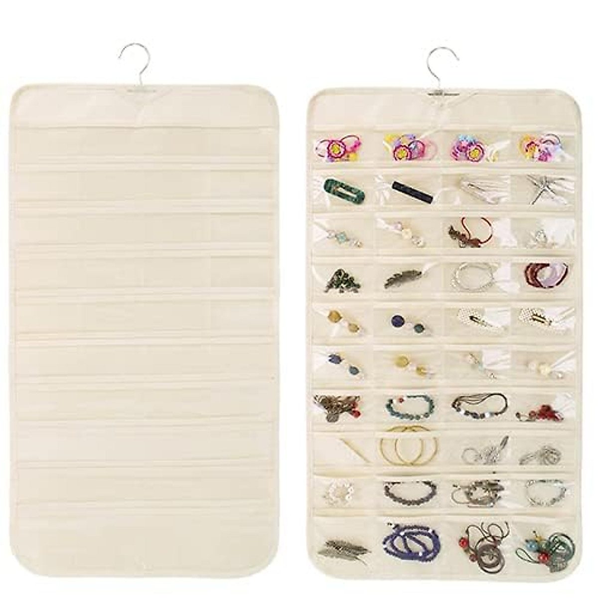 BINO Double Sided Hanging Jewelry Organizer - Beige | Necklace Bracelets & Earrings Storage | Portable Closet Organizer | Over-Door Accessories Holder with Pockets | Wardrobe Cabinet Jewelry Hanger