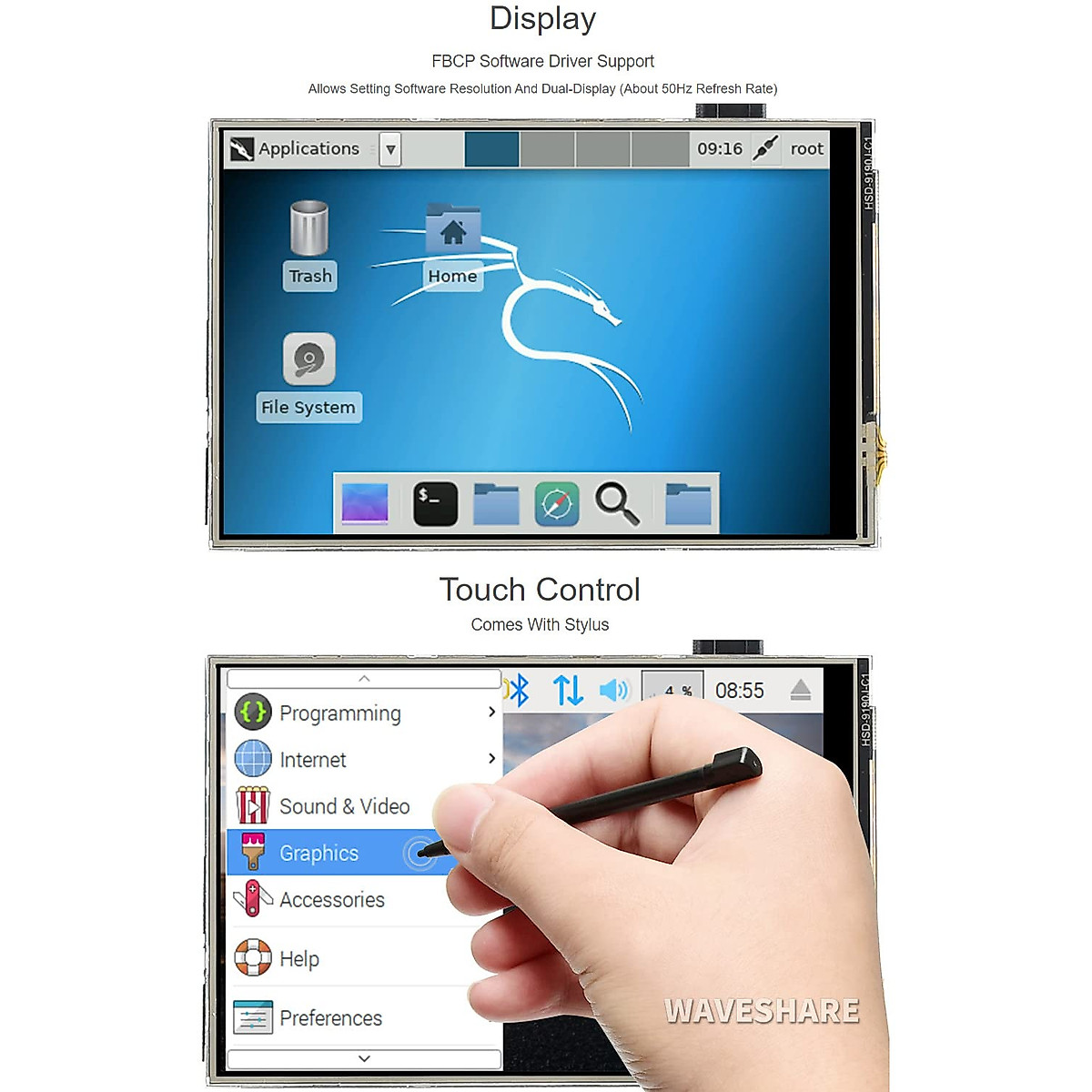 waveshare 4inch Resistive Touch Display Compatible with Raspberry Pi 4B/3B+/3B/2B/B+/A+/Zero/Zero W/WH/Zero 2W Series Boards 480×320 Resolution 125MHz High-Speed SPI