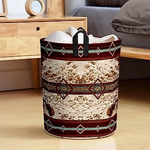 Western Aztec Cow Print Baby Laundry Hamper,Laundry Basket,Waterproof Storage Bin for Bedroom,Clothes Organizer Basket,Toys Box,Room Decor