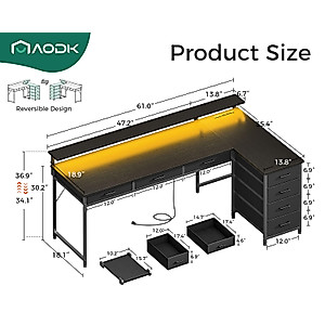 AODK 61" L Shaped Desk with 7 File Drawers, Gaming Desk with LED Light & Power Outlet, Reversible Home Office Desk with Monitor Shelf & Movable CPU Stand, Corner Computer Desk, Black