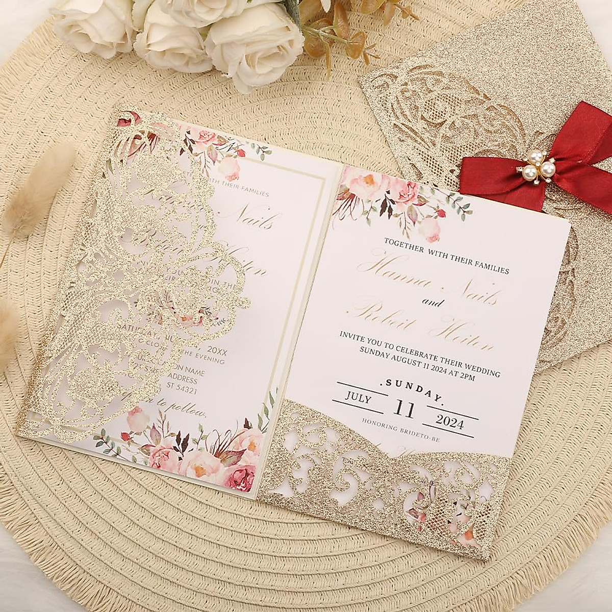 25Pcs Wedding Invitations with Envelopes and RSVP Cards Trifold Glitter Laser Cut Invitation Pocket Blank Invitations with Envelopes Rsvp Card for Wedding Quinceanera Bridal Baby Shower 15 años Custom