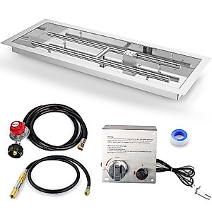 GRISUN Drop-in Fire Pit Kit 30 x 10 Inch, H-Shape Burner with Pan, Come with Upgraded Spark Ignition Kit for Gas Fire Pit, Fire Pit Table Insert Stainless Steel, Suitable for Indoor Outdoor Decoration