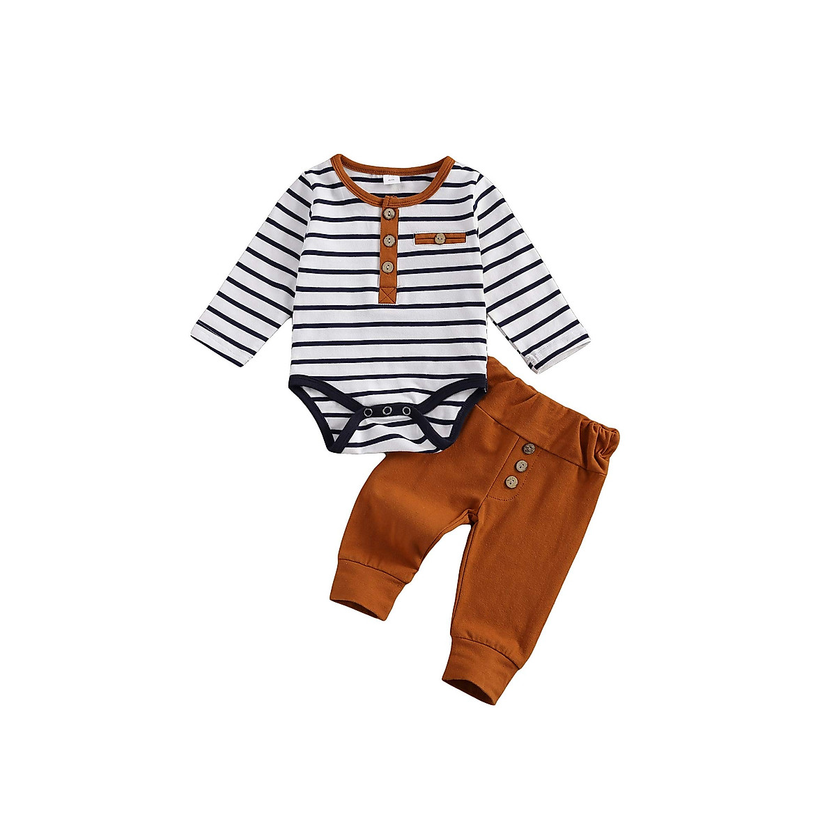 2Pcs/Set Newborn Baby Boys Outfit Long Sleeve Striped Bodysuit Romper Solid Pants Fall Winter Clothes (Khaki, 0-3 Months)