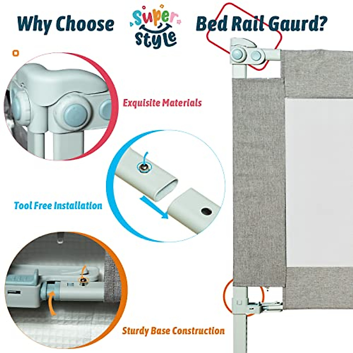 SuperStyle Bed Rail for Toddlers 59 Inch, Upgrade Extra Long Bed Rail Guard for Kids, Safety Bed Fence Protector Rail with Soft Breathable Fabric, fit Twin, Full, Queen, King Size Mattress