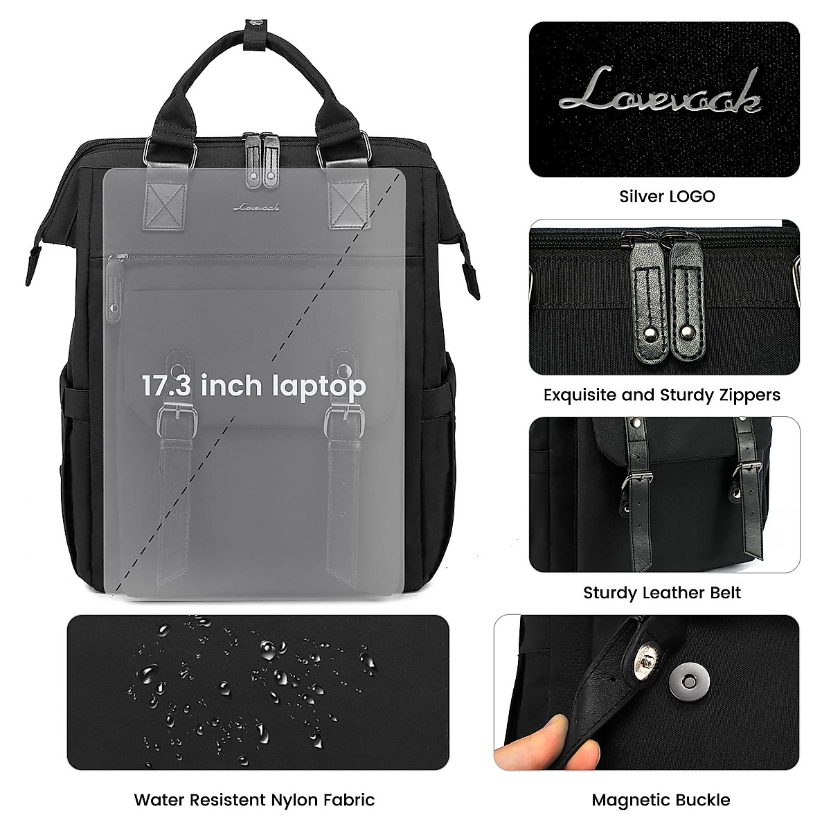 LOVEVOOK Laptop Backpack for Women, Teacher Nurse Bag Work Travel Computer Backpacks Purse,Water Resistant Daypack with USB Charging Port, 17.3 inch