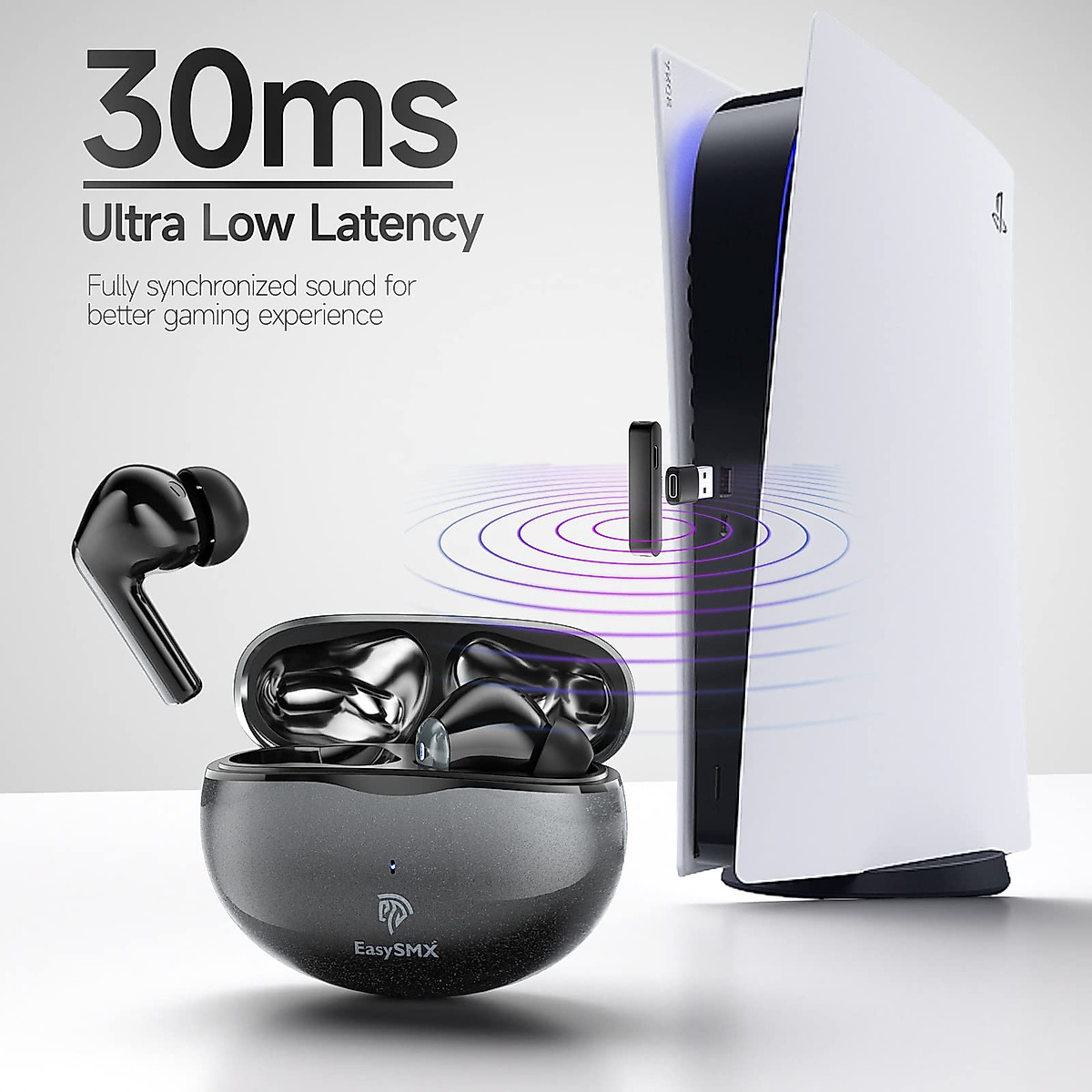 EasySMX Wireless Gaming Earbuds for PC, PS5 with Mic, 30ms Low Latency, Bluetooth/2.4GHz Wireless, USB-C Dongle Included, Compatible PS4, PS5, VR, Switch, Steam Deck, Black (TG-01)