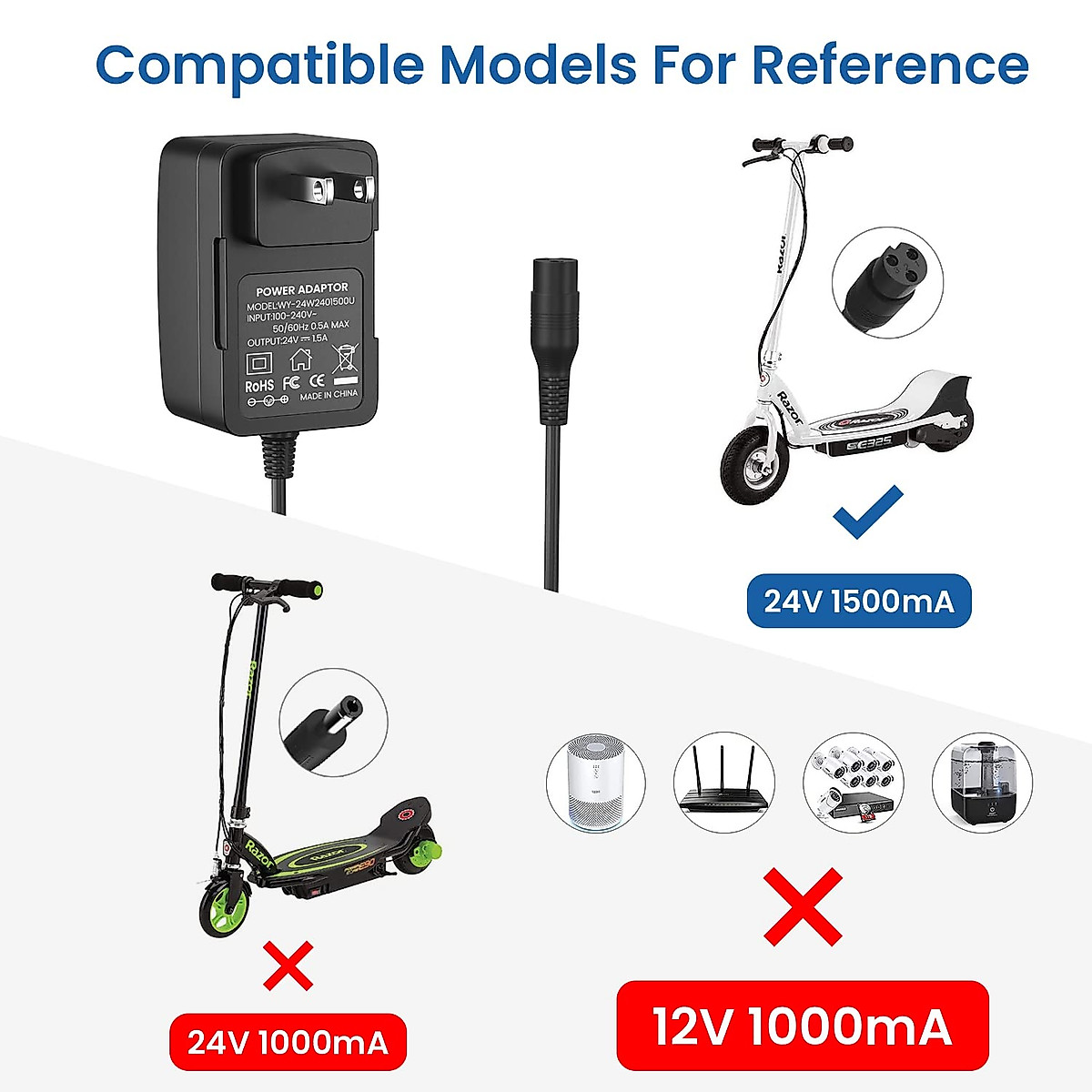 CGGXJP Electric Scooter Charger for Razor E300, E200, E100, PR200, MX350, Dirt Quad, Pocket Mod, Sports Mod, Go Kart Connector - 3-Prong Inline Female Battery Power Cord 24V 1500mA Adapter Cable