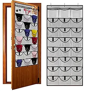 YOUHODA Hat Racks for Baseball Caps with Fixed Velcro, 24 Pockets Over-the-door Hat Organizer with 3 Hooks, 21 Curve Cap Holder & 3 Deep Storage Pockets, Gray