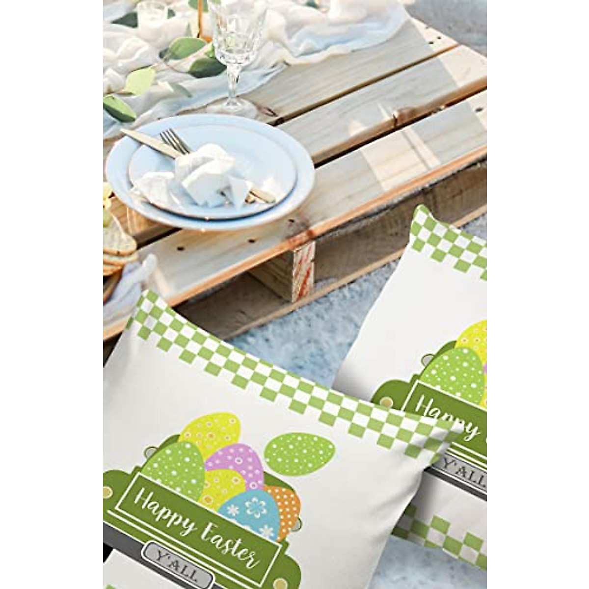 Pack of 2 Outdoor Pillow Covers Happy Easter Colorful Floral Texture Truck Waterproof Decorative Patio Cushion Cover Green Check Outdoor Throw Pillows for Patio Furniture Garden Sofa 18x18 Inch