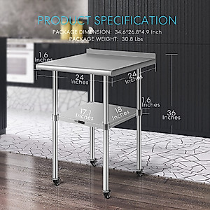 VIVOHOME 24 x 24 Inch Stainless Steel Work Table with Backsplash, Prep Commercial Table with Wheels for Restaurant, Hotel, Home and Warehouse