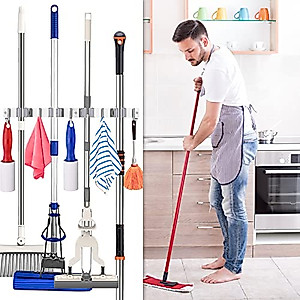 Piyl Broom Holder Wall Mount Garden Tool Organizer,Mop Hanger Wall Mounted Garage Storage,Kitchen,Laundry Utility Rack With 4 Racks and 5 Hooks - Metal Wall Holder For Broom, Rake,Mop Handles Up To 3/4”