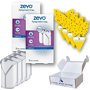 Zevo Flying Insect Trap Refill, 2 Count (Pack of 2), Set with (4) pcs of Exclusive Fusion Shop Store Modern Yellow Sticky Fruit Trap (Device is NOT Included)