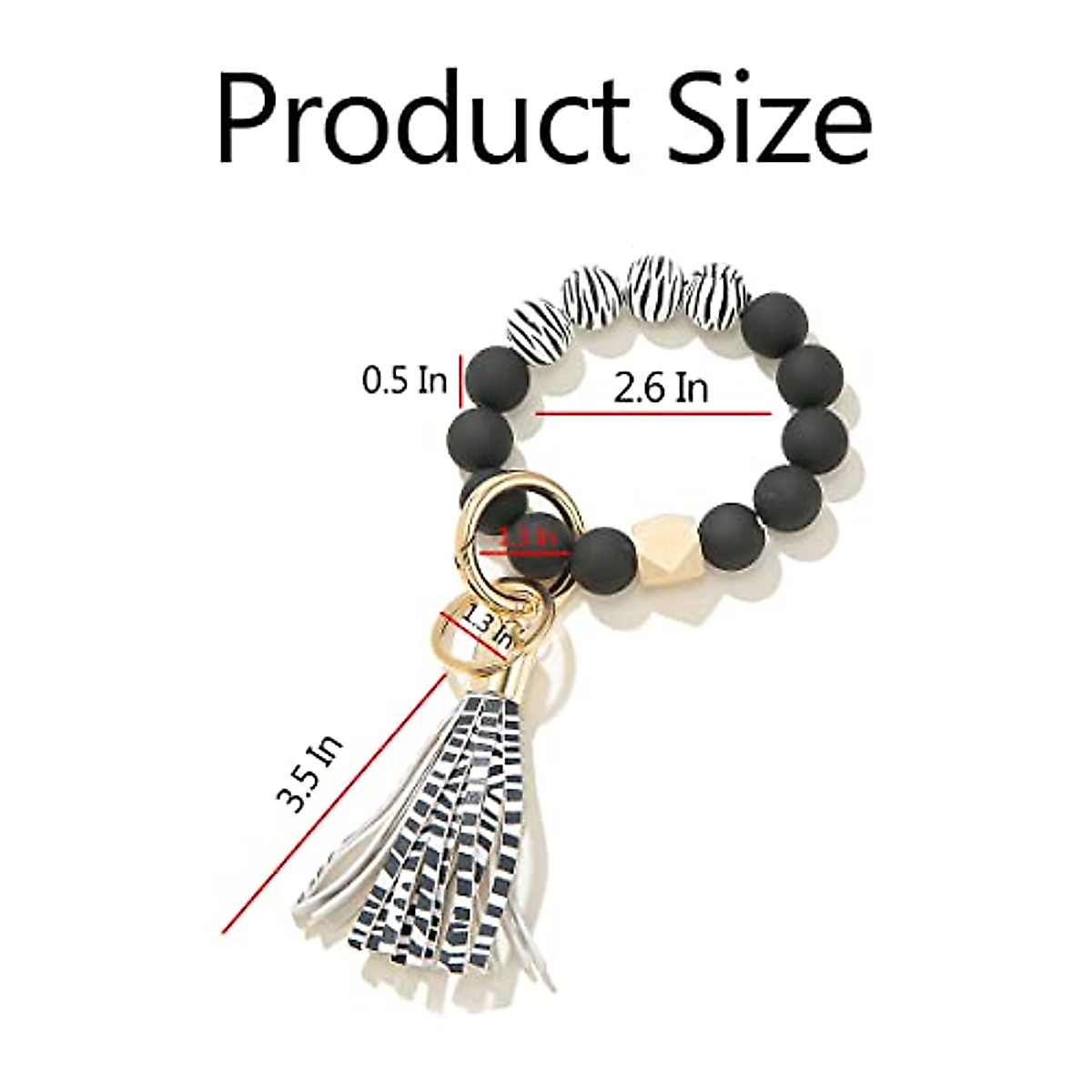 Key Chains Bracelet with Tassel, Beaded Car Key Ring Wristlet, Silicone Beaded Bangle Chains, Cute Gifts for Women and Girls (Black/Zebra)
