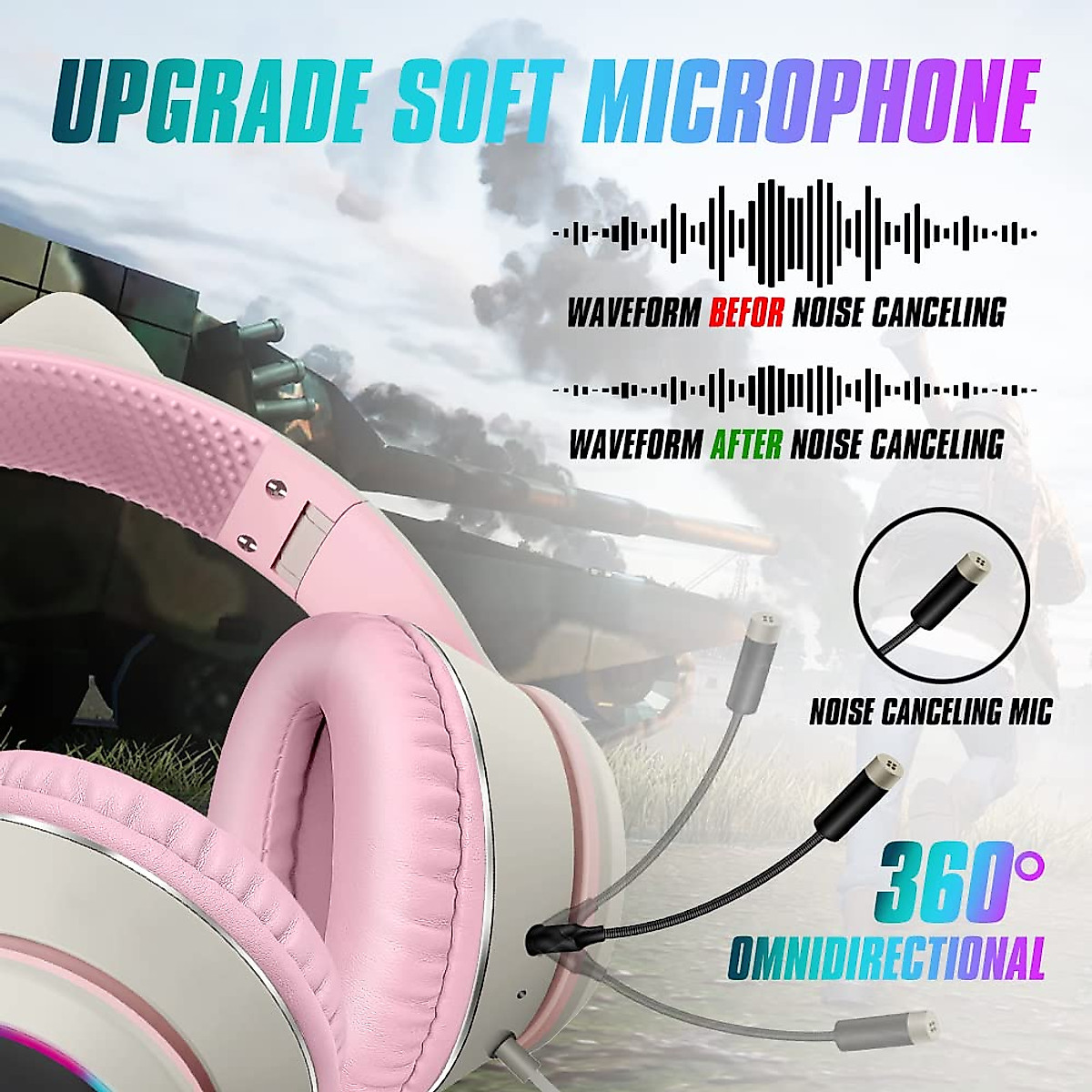 Mokata Gaming Headphone Wired USB Connect 7.1 Surround Stereo Over Ear Cat LED Light Fit Adult & Kid Foldable Headset with Mic for PC PS4 PS5 Game Laptop Pad H03 Cyan Beige White