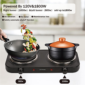 Countertop Double Cast Iron Burner 1800 Watts Electric Hot Plate with Adjustable Temperature 6.1" Cooktop for Dorm,Office,Home,Camp,Compatible for All Cookwares