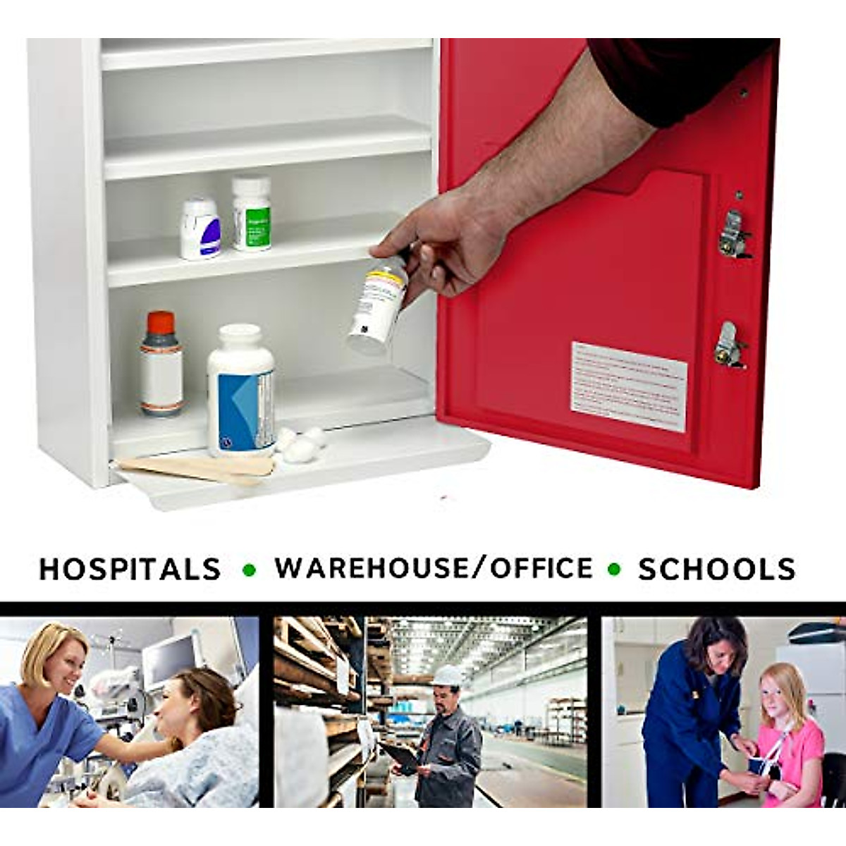 AdirMed Medicine Cabinet with Pull-Out Shelf & Document Pocket - Large Dual Lock Wall Mounted Steel Medical Organizer - Secure Storage for Medicine First Aid and Emergency Kit (Red)