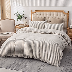 PURE ERA Jersey Knit Duvet Cover Set 100% T-Shirt Heather Cotton Super Soft Comfy Classic Striped Design, with Zipper Closure, Grey & White Stripe, Queen