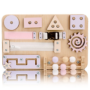 EvoKids Wooden Sorting Stacking Toy Busy Board for Toddlers – Zipper, Buckle in Handmade Activity Board – Plane Car Travel Sensory Montessori Developmental Educational Toys for Boy Girl