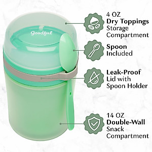 Goodful Double Wall Insulated Yogurt Container, Leak Proof Food Storage, Snack Container with Reusable Plastic Spoon, Microwave Safe, Dishwasher safe, Freezer Safe, 14-Ounce, Green