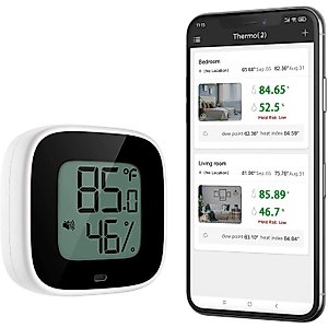 Wireless Thermometer Hygrometer for iPhone/Android, Smart Bluetooth Humidity Temperature Sensor with Alarm and Data Storage for Green House Guitar Camera Storage Humidor Incubator Monitor