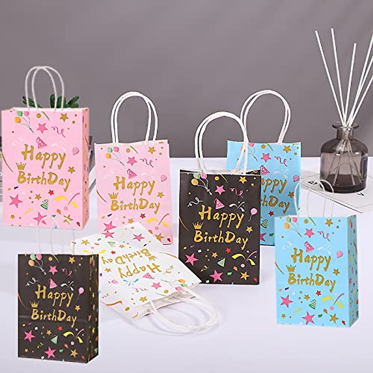 YYaaloa 28pcs Small Gift Bags with Handle Bulk 4 styles Birthday Star Print Party Favor Paper Shopping Bags for Kids Birthday Xmas Party Supplies Retail Bags (Birthday, Small 28pcs)