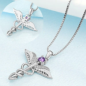 YL Caduceus Necklace 925 Sterling Silver Doctor Nurse Themed Pendant Created Amethyst/Cubic Zirconia Angel Wings Snake Jewelry for Women