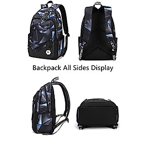 ETAISHOW Geometric-Print Boys Backpack for Elementary Middle School Kids Bookbag School Bag for Teens Black Blue