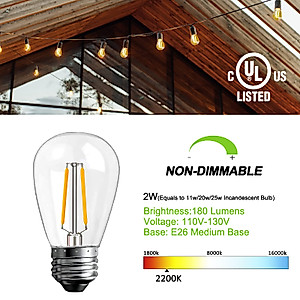 ROMANJOY LED Light Bulbs, 11-15W Equivalent Incandescent Bulbs Replacement, Waterproof Bulbs for Outdoor Patio String Lights, Vintage Edison LED Filament Bulb (S14-2W-E26-15Pack, 2200K Warm White)