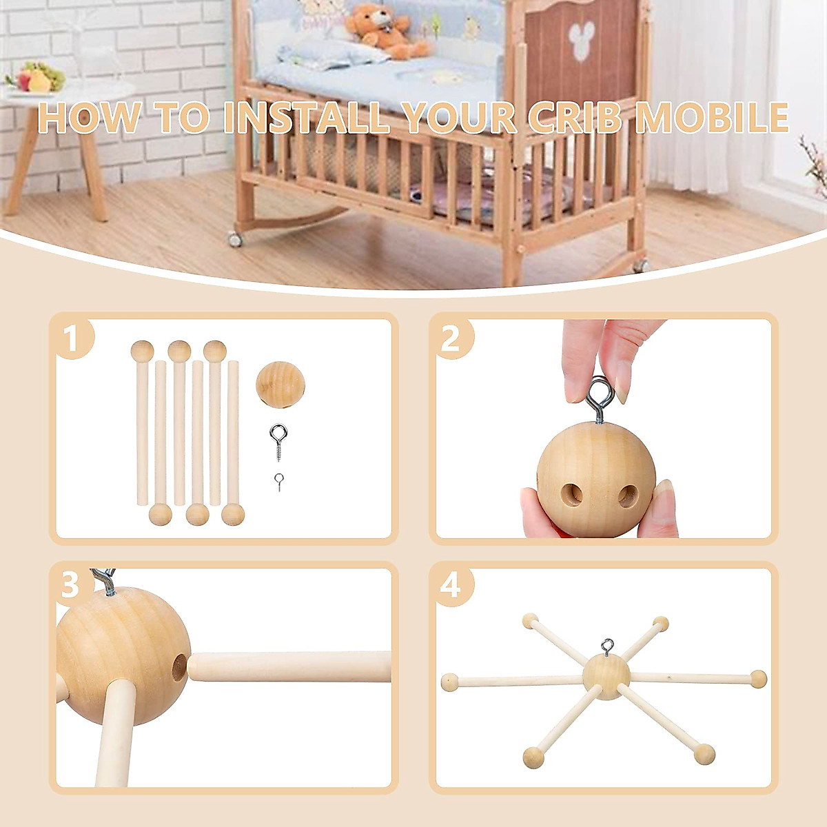 Focalmotors Baby Wooden Mobile Hanger,Mobile kit Crib,Mobile Hanging Frame Bed Toy Decoration DIY Crafts Photography Props Newborn Gift (Style-C)