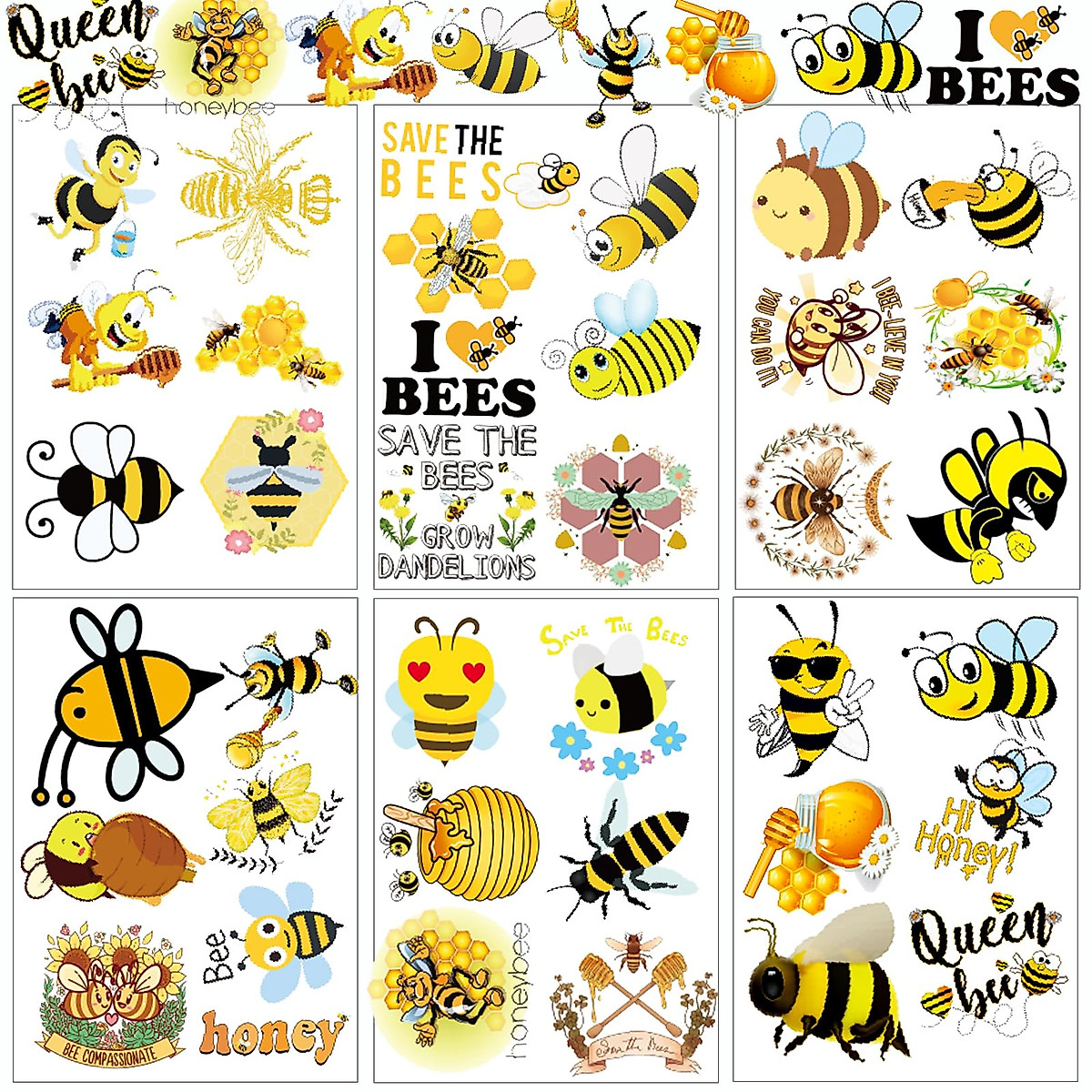 6 Sheets Bee Rub On Transfers for Crafts, 5.5 x 4 Inch Rub On Transfers Stickers, Bee Rub-On Transfers Decals for DIY Wood Paper Water Bottle (Bee)