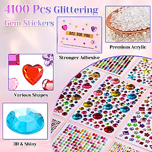 ROADPLUM 4100Pcs Gem Stickers for Crafts, 10 Sheets Self Adhesive Gemstones Pearl Jewels Stickers for Kids Crafts, Stick on Gems Pearls for Hair, Bling Rhinestone Stickers for Decoration