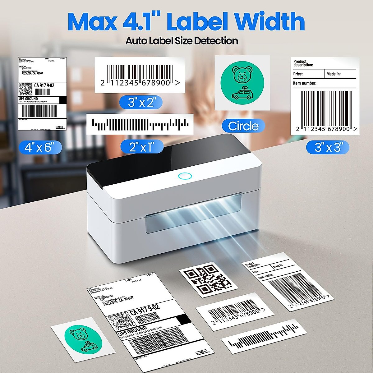 BPXX Bluetooth Thermal Label Printer 4×6, Shipping Label Printer for Small Business, Desktop Label Printer Support Android/iPhone/Windows, Compatible with Shopify, Ebay, USPS, Amazon, Etsy, D463B