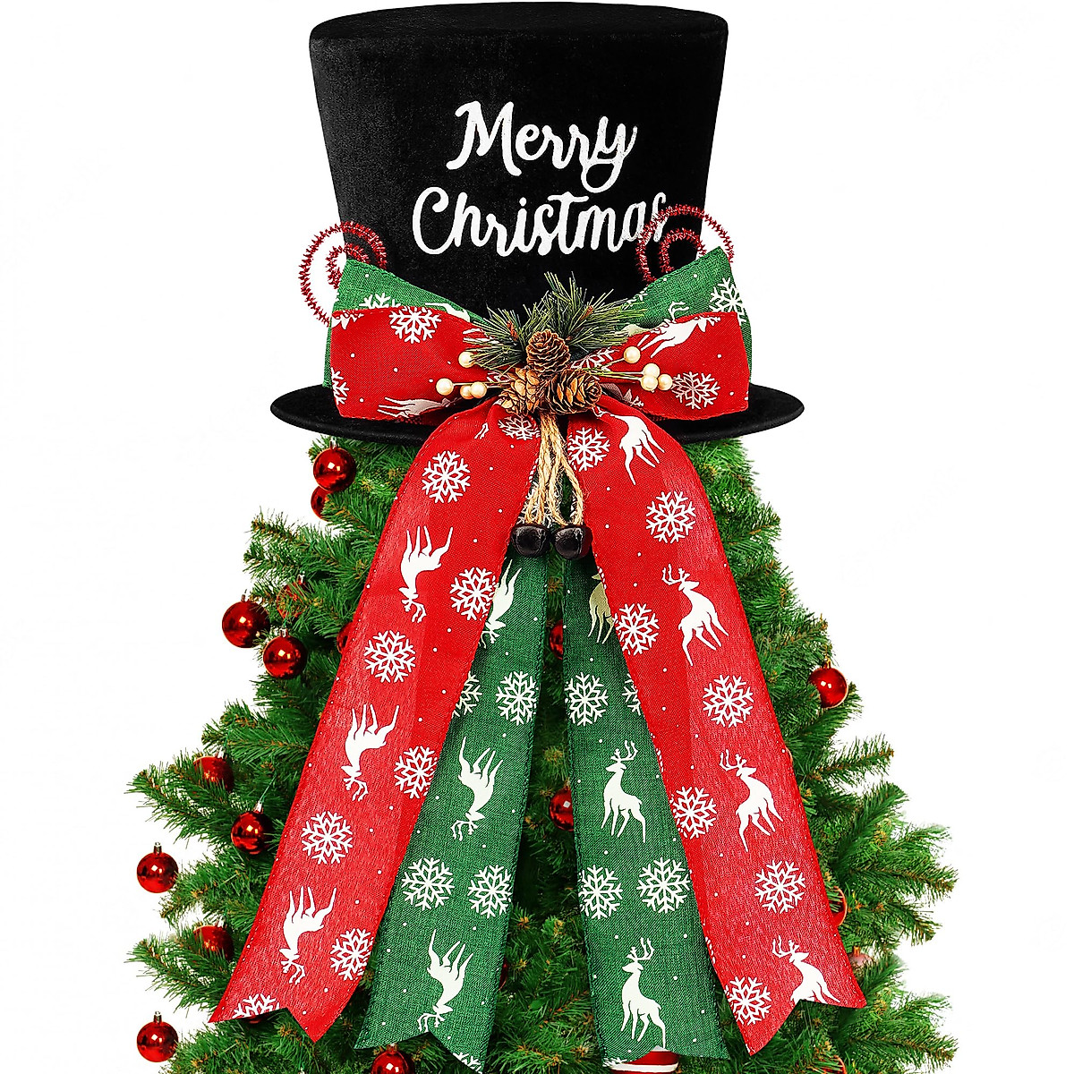 Christmas Tree Topper Decorations Gifts, Collapsible Black Velvet Hat with Plaid Red Green Bow Snowflake Elk Ribbon Merry Xmas Sign Handmade Ornaments Supplies Large Holiday Indoor Home Decor